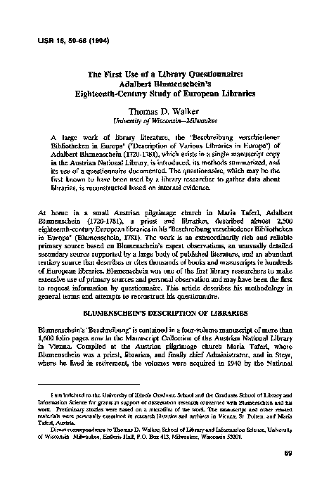 (PDF) The first use of a library questionnaire: Adalbert Blumenschein's eighteenth-century study ...
