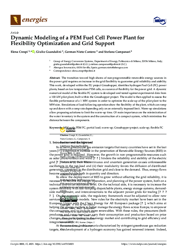 Pdf Dynamic Modeling Of A Pem Fuel Cell Power Plant For Flexibility Optimization And Grid Support