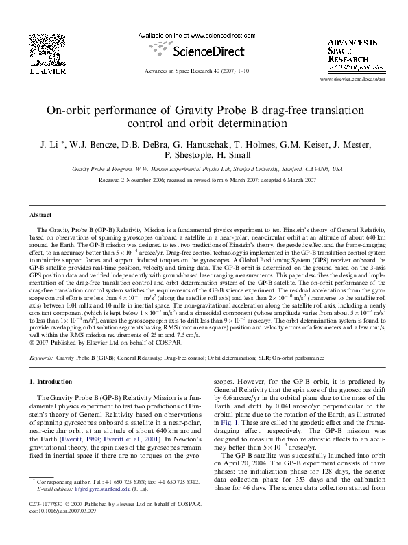 (PDF) On-orbit performance of Gravity Probe B drag-free translation ...