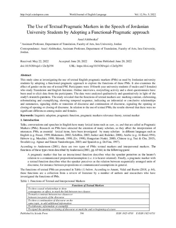 (PDF) The Use of Textual Pragmatic Markers in the Speech of Jordanian University Students by ...
