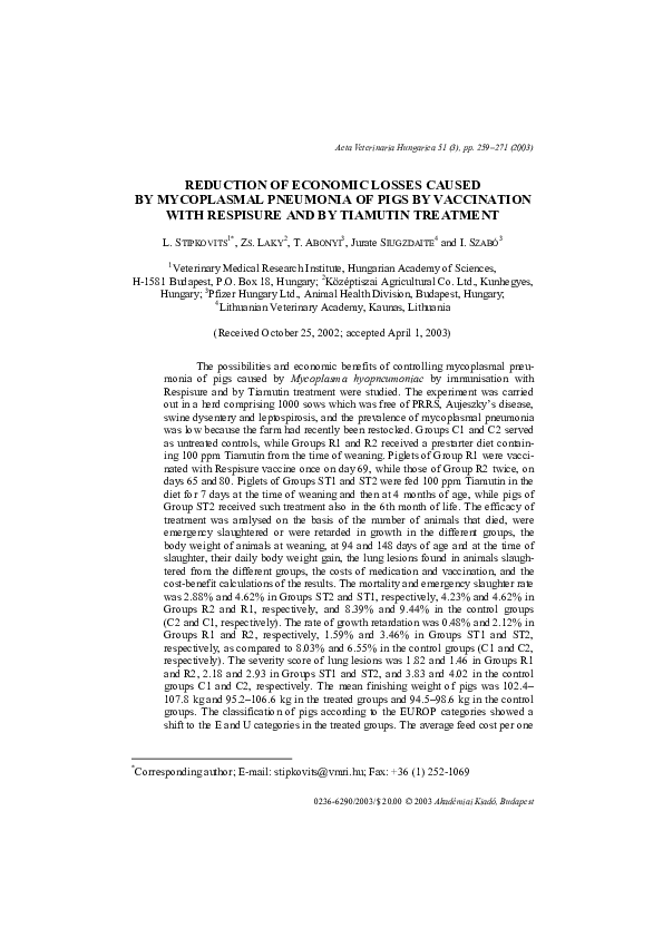 (PDF) Reduction of economic losses caused by mycoplasmal pneumonia of ...