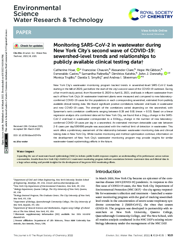 (PDF) Monitoring SARS-CoV-2 in wastewater during New York City’s second ...