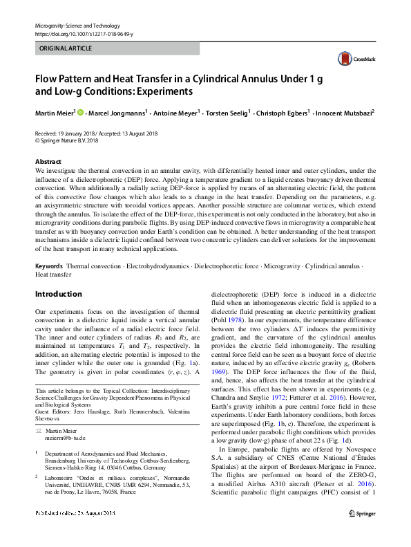Pdf Flow Pattern And Heat Transfer In A Cylindrical Annulus Under 1 G And Low G Conditions