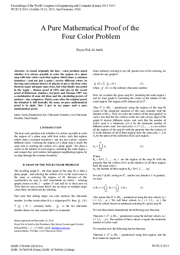 (PDF) A Pure Mathematical Proof of the Four Color Problem