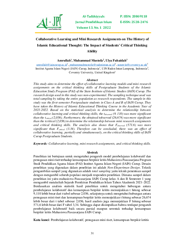 (PDF) Collaborative Learning and Mini Research Assignments on The History of Islamic Educational ...