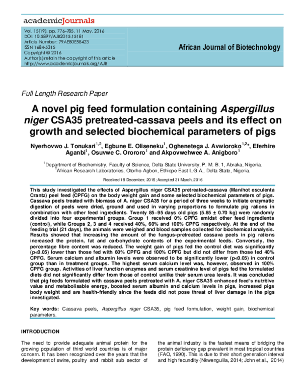 (PDF) A novel pig feed formulation containing Aspergillus niger CSA35 ...