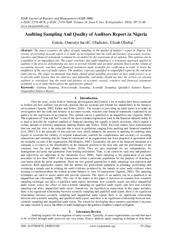 (PDF) Auditing Sampling And Quality of Auditors Report in Nigeria