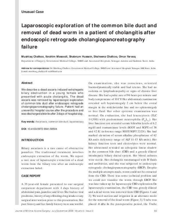 (PDF) Laparoscopic Removal of Ascaris Causing Cholangitis