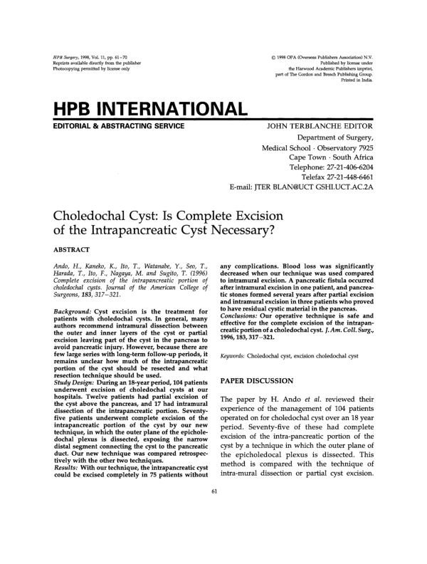 (PDF) Choledochal Cyst: Is Complete Excision of the Intrapancreatic ...