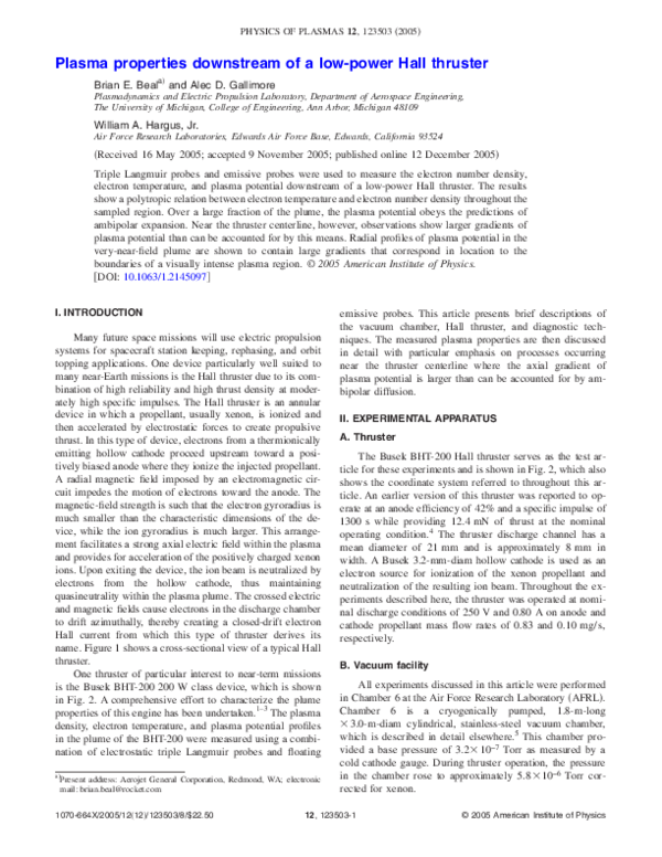 (PDF) Plasma properties downstream of a low-power Hall thruster