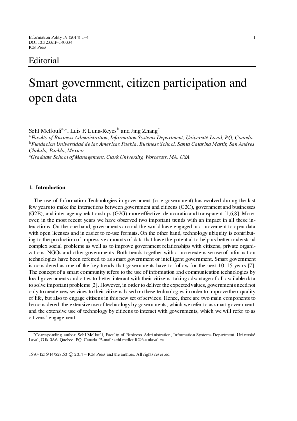 (PDF) Smart government, citizen participation and open data