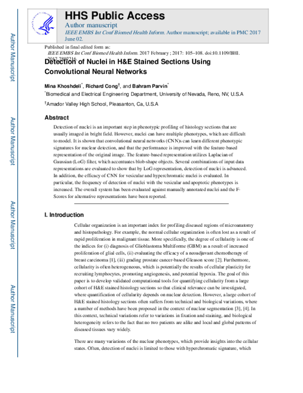 Pdf Detection Of Nuclei In Hande Stained Sections Using Convolutional