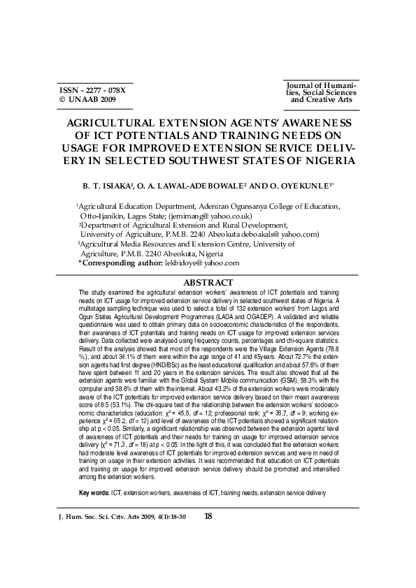 (PDF) Agricultural Extension Agents' Awareness of Ict Potentials and ...