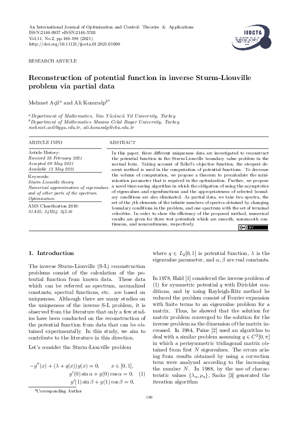 (PDF) Reconstruction of potential function in inverse Sturm-Liouville problem via partial data