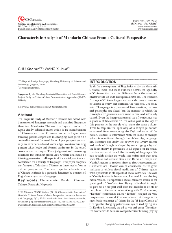 (PDF) Characteristic Analysis of Mandarin Chinese From a Cultural ...