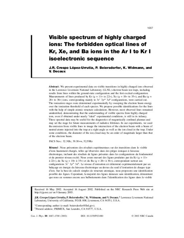 (PDF) Visible spectrum of highly charged ions: The forbidden optical ...