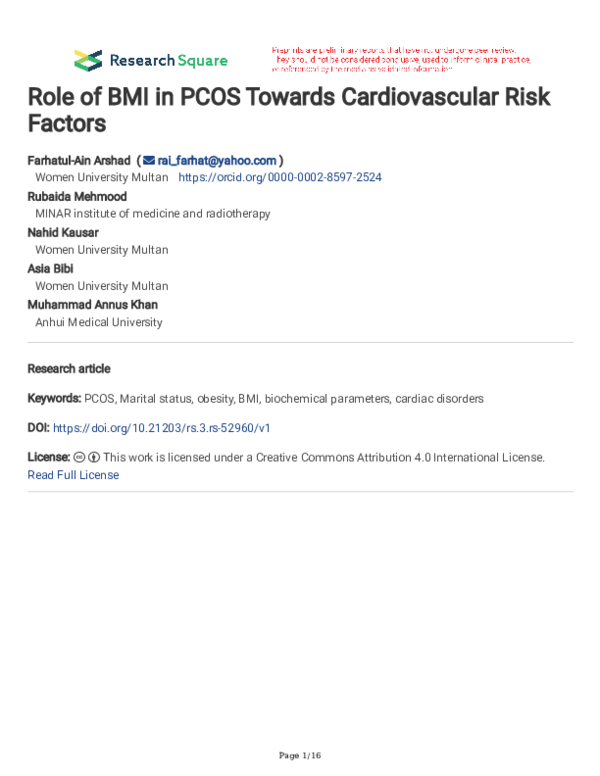 (PDF) Role of BMI in PCOS Towards Cardiovascular Risk Factors