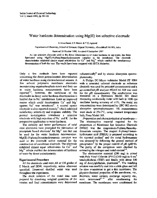 Pdf Water Hardness Determination Using Mg Ii Ion Selective Electrode