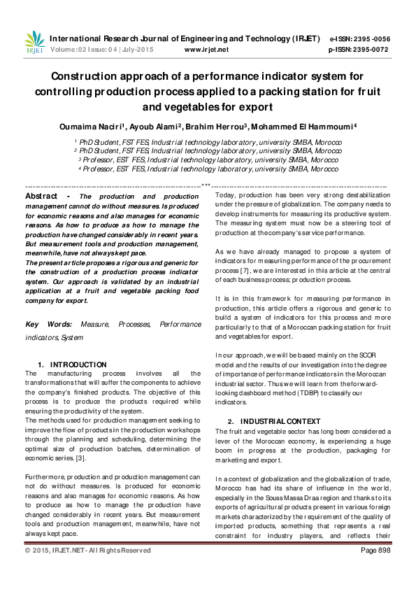 Pdf Construction Approach Of A Performance Indicator System For Controlling Production Process