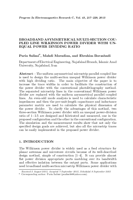 (PDF) Broadband Asymmetrical Multi-Section Coupled Line Wilkinson Power Divider with Unequal ...