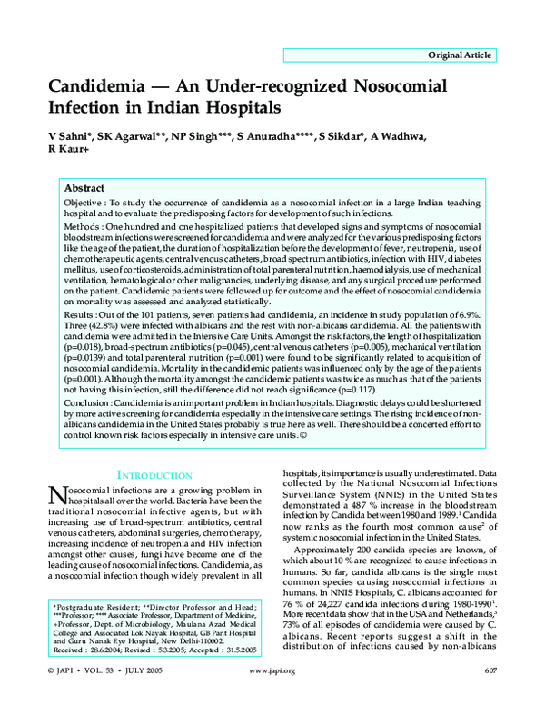 (PDF) Candidemia--an under-recognized nosocomial infection in Indian ...