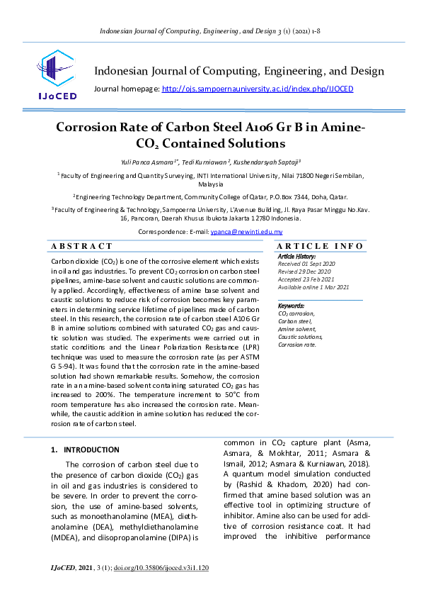 (PDF) Corrosion Rate of Carbon Steel A106 Gr B in Amine-CO2 Contained ...