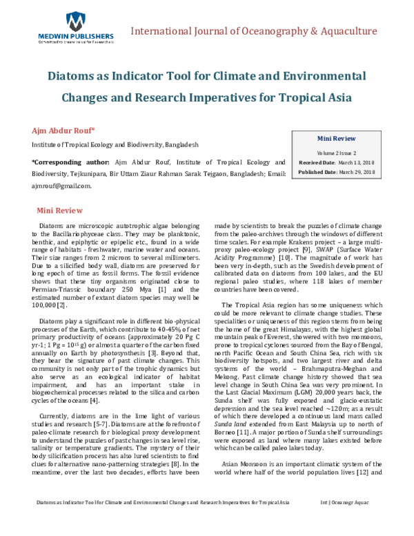 (PDF) Diatoms as Indicator Tool for Climate and Environmental Changes ...