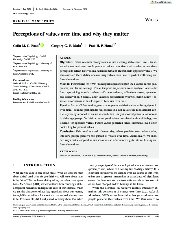 (PDF) Perceptions of values over time and why they matter