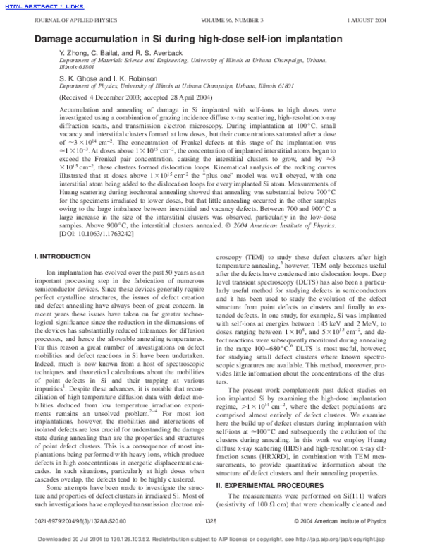 (PDF) Damage Accumulation and Annealing in High-Dose Si Implantation