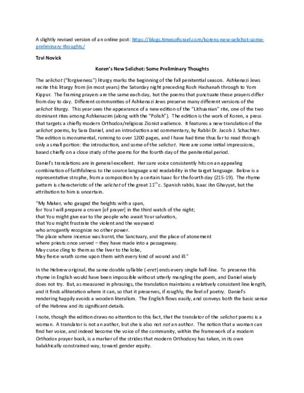 (DOC) Koren’s New Selichot: Some Preliminary Thoughts