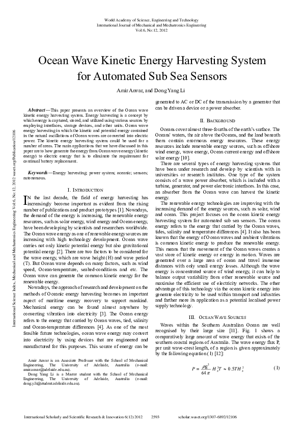 (PDF) Ocean Wave Kinetic Energy Harvesting System For Automated Sub Sea Sensors