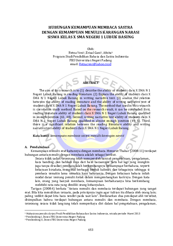 (PDF) Hubungan Kemampuan Membaca Sastra Dengan Kemampuan Menulis Karangan Narasi Siswa Kelas X ...