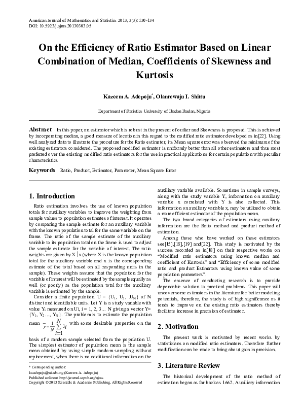 (PDF) On the Efficiency of Ratio Estimator Based on Linear Combination of Median, Coefficients ...
