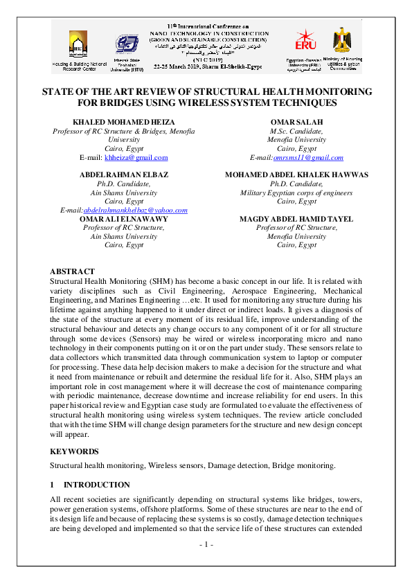(PDF) STATE OF THE ART REVIEW OF STRUCTURAL HEALTH MONITORING FOR BRIDGES USING WIRELESS SYSTEM ...