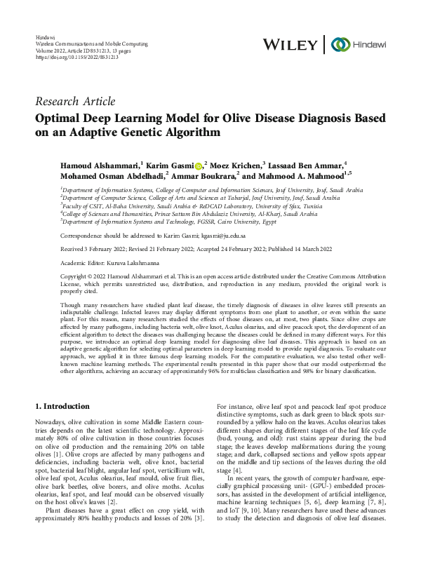 (PDF) Optimal Deep Learning Model for Olive Disease Diagnosis Based on an Adaptive Genetic Algorithm