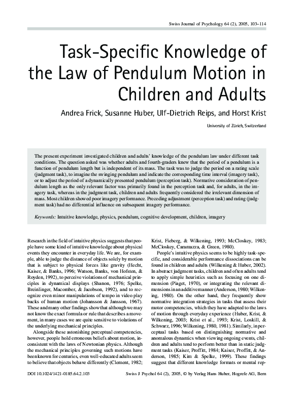 (PDF) Task-Specific Knowledge of the Law of Pendulum Motion in Children and Adults