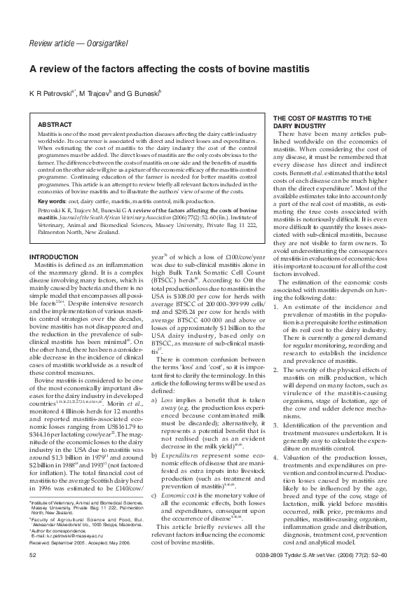 (PDF) A review of the factors affecting the costs of bovine mastitis ...
