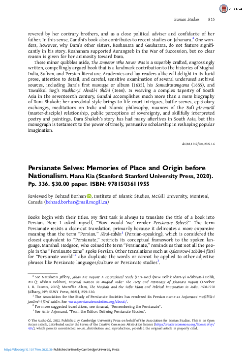 (PDF) Persianate Selves: Memories of Place and Origin before Nationalism