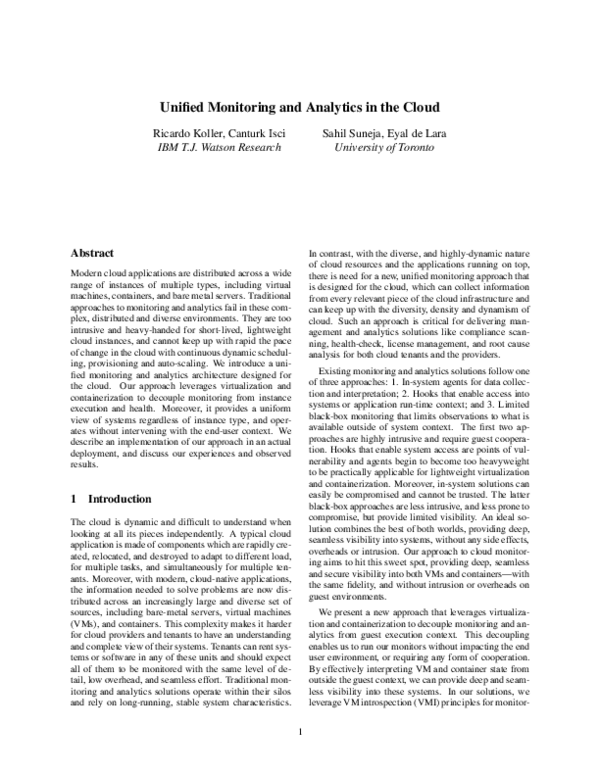 (PDF) Unified Monitoring and Analytics in the Cloud