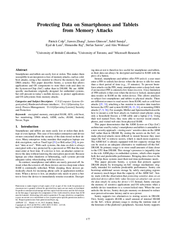 (PDF) Protecting Data on Smartphones and Tablets from Memory Attacks