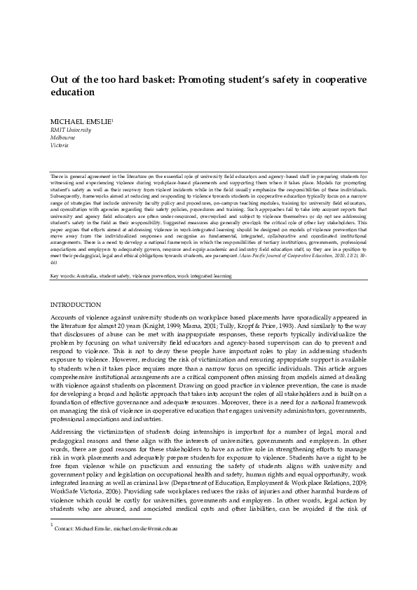 (PDF) Out of the too hard basket: Promoting student's safety in ...