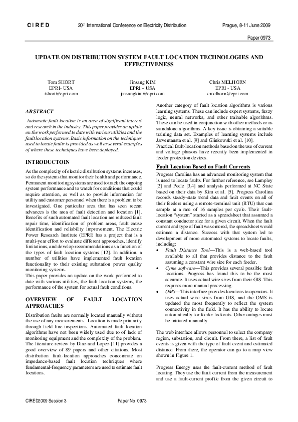(PDF) Update on distribution system fault location technologies and effectiveness | Tom Short ...