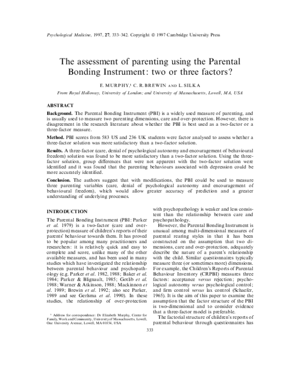 (PDF) The assessment of parenting using the Parental Bonding Instrument ...