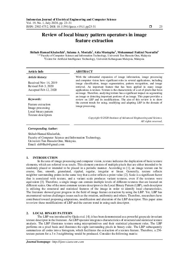 Pdf Review Of Local Binary Pattern Operators In Image Feature Extraction 1195