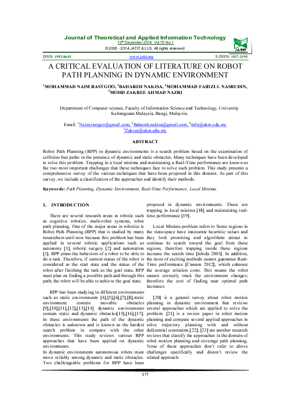 (PDF) A Critical Evaluation of Literature on Robot Path Planning in Dynamic Environment