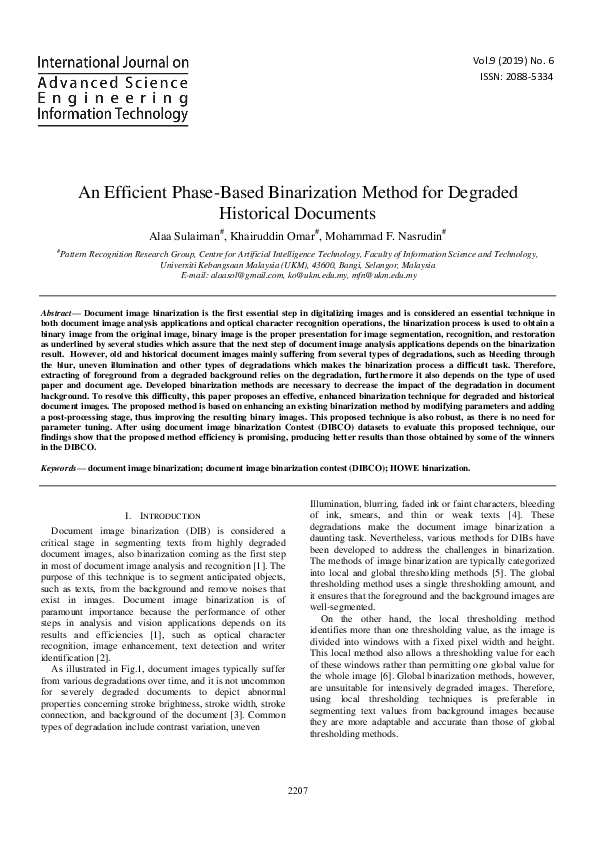 (PDF) An Efficient Phase-Based Binarization Method for Degraded Historical Documents | Mohammad ...