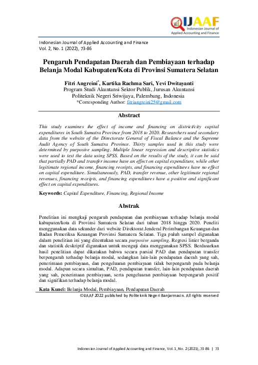 (PDF) Pengaruh Pendapatan Daerah dan Pembiayaan terhadap Belanja Modal Kabupaten/Kota di ...