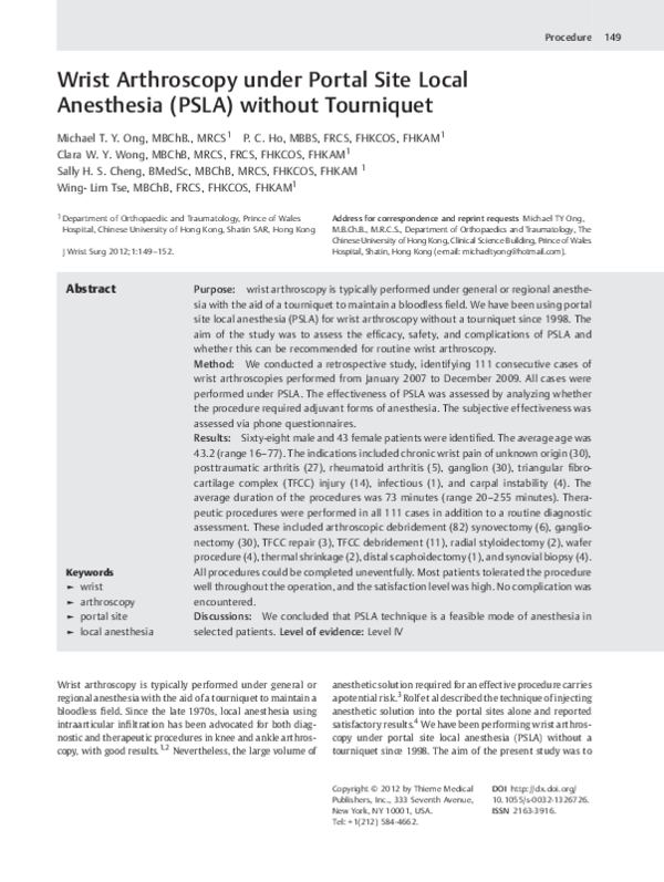 (PDF) Wrist Arthroscopy under Portal Site Local Anesthesia (PSLA ...