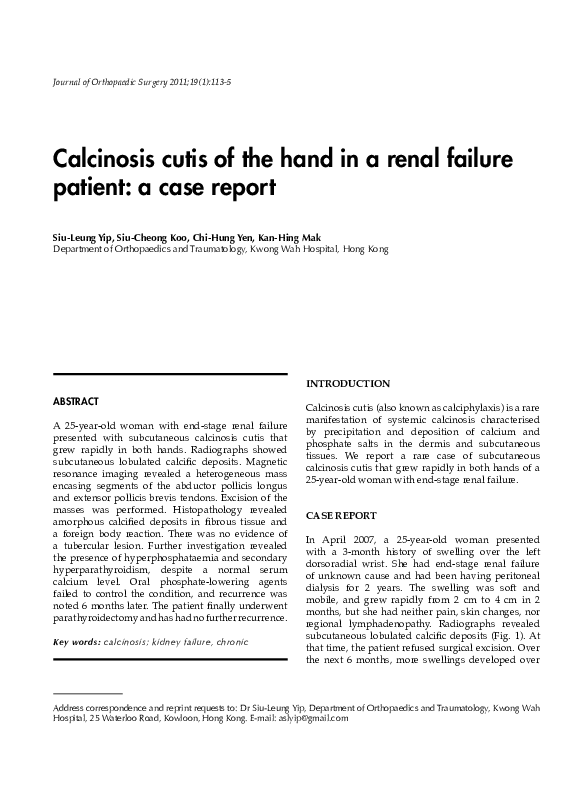(PDF) Calcinosis Cutis of the Hand in a Renal Failure Patient: A Case ...