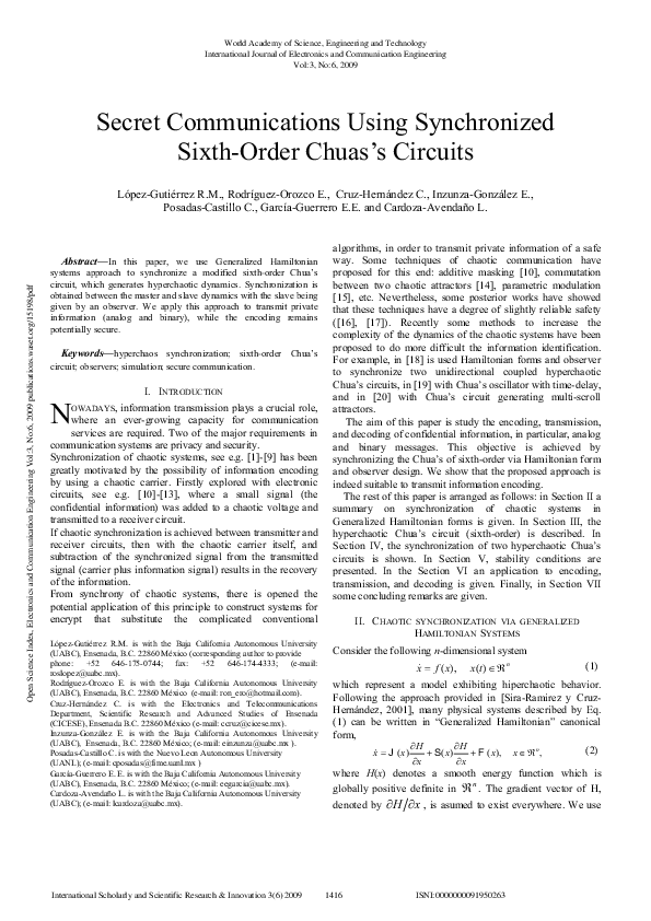 (PDF) Secret Communications Using Synchronized Sixth-Order Chuas'S Circuits